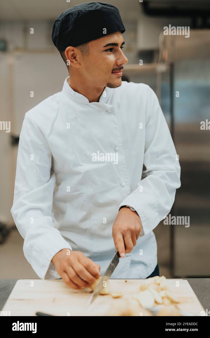 Teenage male trainee chopping food on cutting board while working in ...
