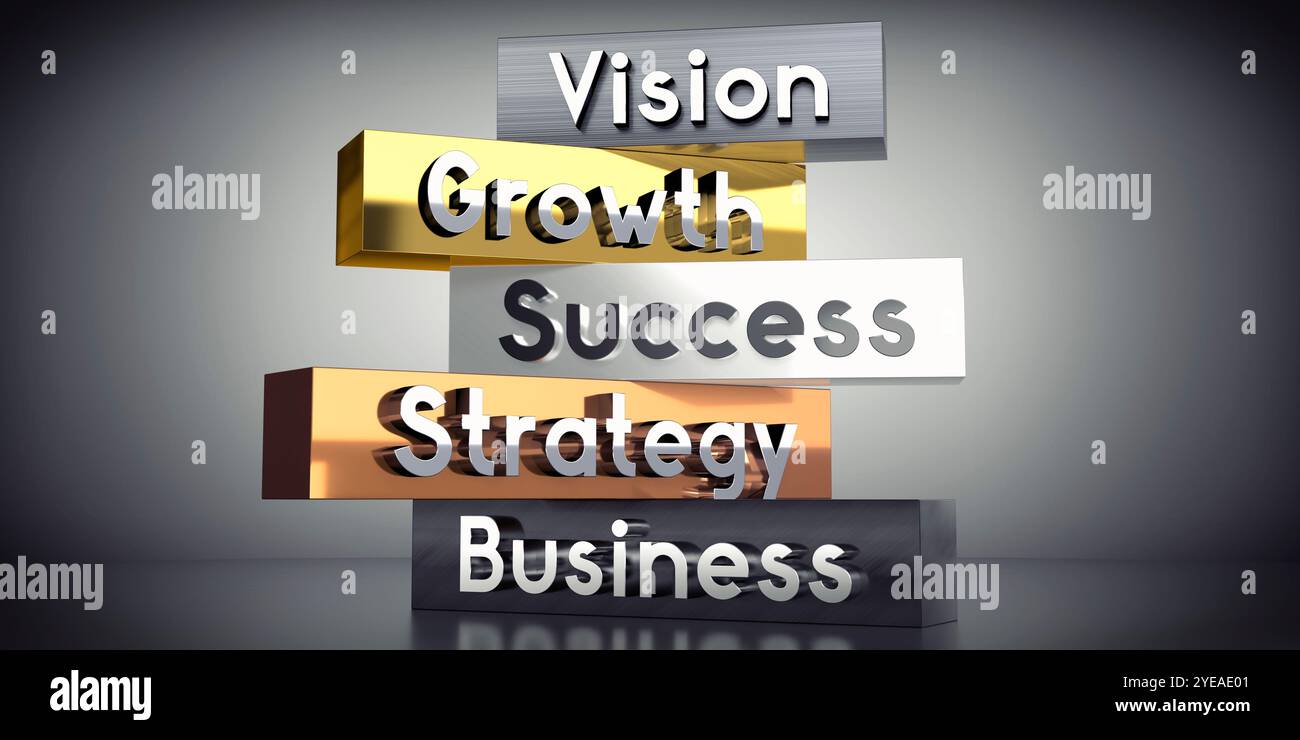Vision, growth, success, strategy, business - words on metal blocks ...