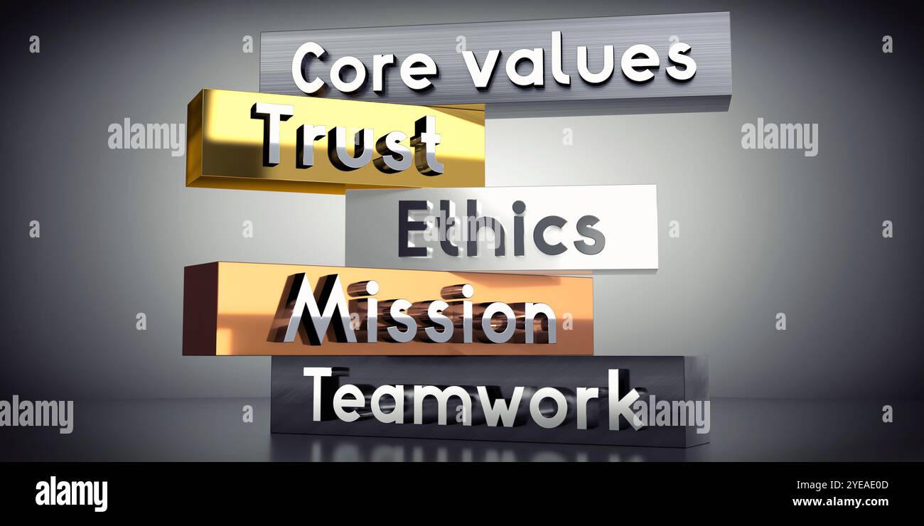 Core values, trust, ethics, mission, teamwork - words on metal blocks ...