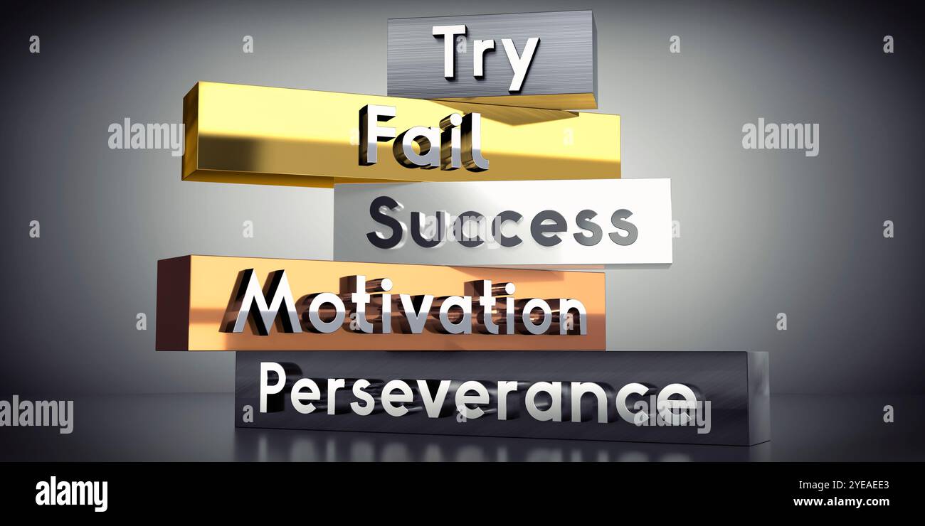 Try, fail, success, motivation, perseverance - words on metal blocks ...