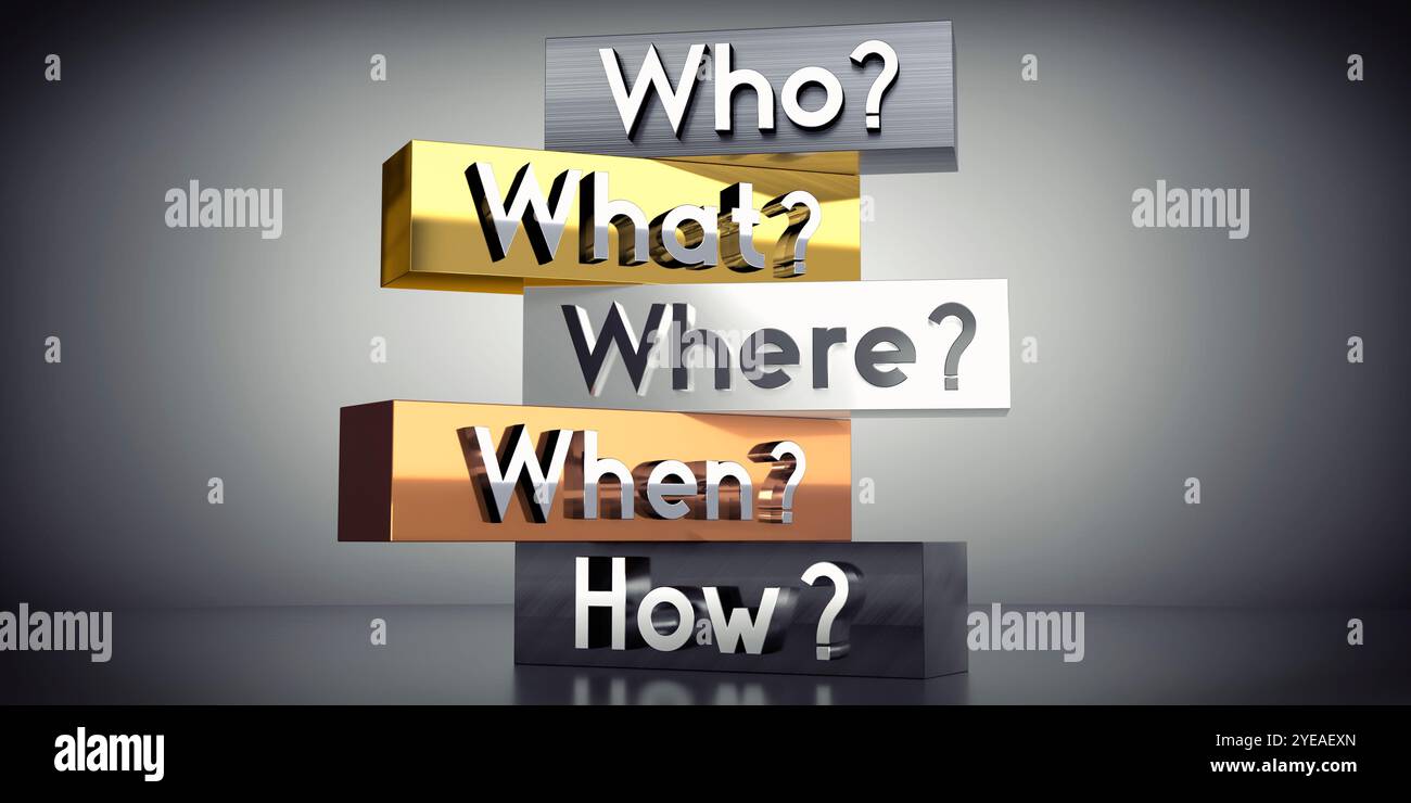 Who, what, where, when, how - words on metal blocks - 3D illustration ...