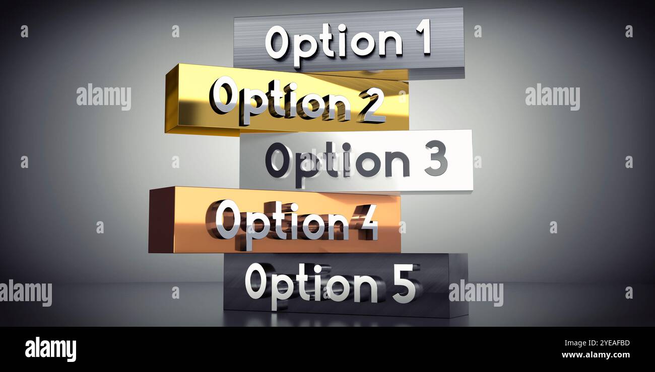 Option 1, 2, 3, 4, 5 - words on metal blocks - 3D illustration Stock ...