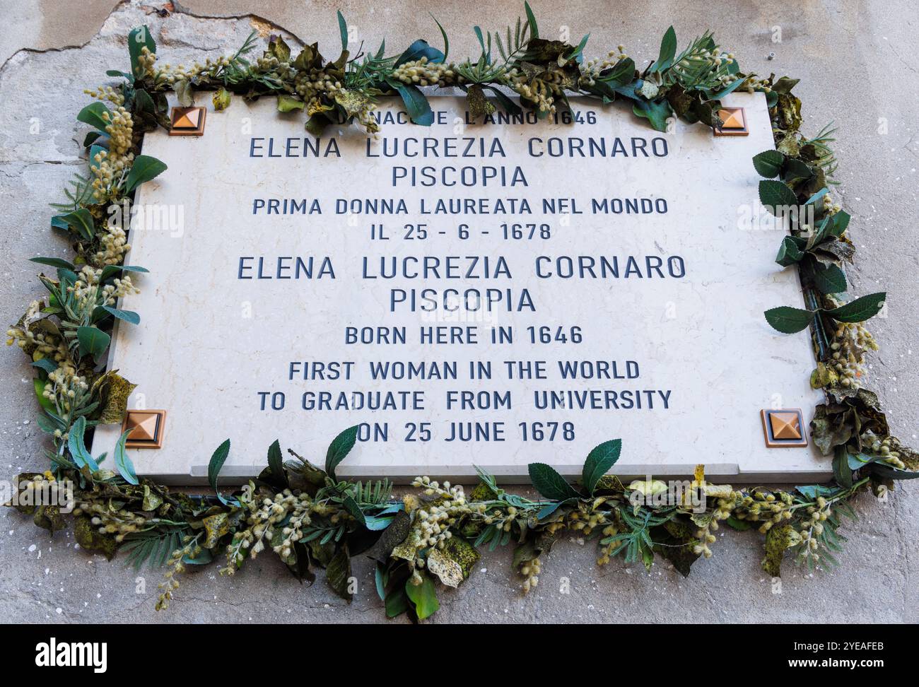 Close-up view of the plaque outside birthplace of Elena Lucrezia ...