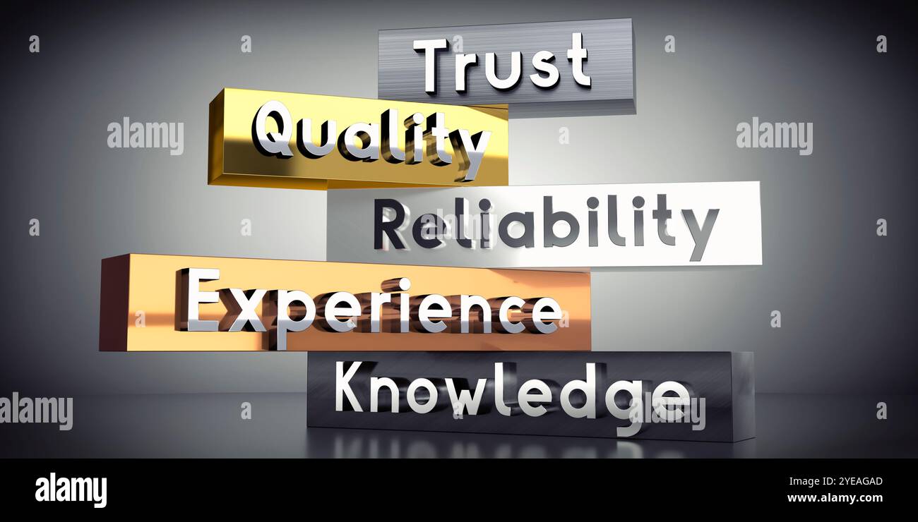 Trust, quality, reliability, experience, knowledge - words on metal ...