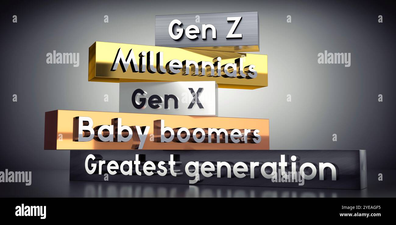 Gen Z, Millennials, Gen X, Baby boomers, Greatest generation - 3D ...