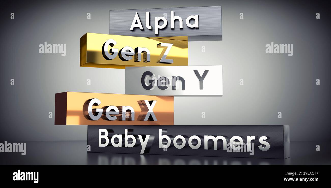 Alpha, Gen Z, Gen Y, Gen X, Baby boomers - 3D illustration Stock Photo ...