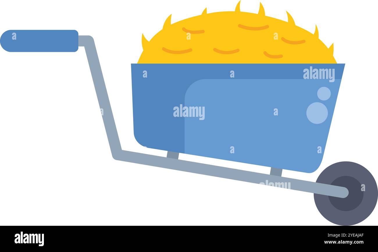 This colorful icon features a blue wheelbarrow carrying a bale of hay ...