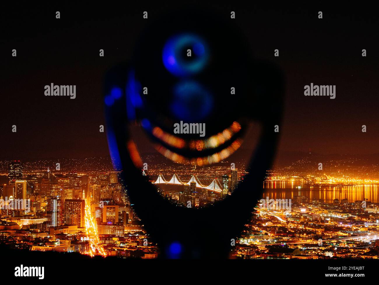 View through a tower viewer from Twin Peak Lookout towards the Bay ...