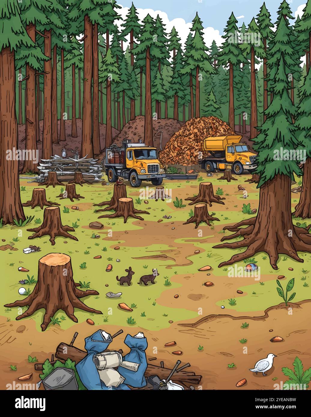 A deforestation of a forest with a truck and trees, environmental Illustration, Deforestation ...