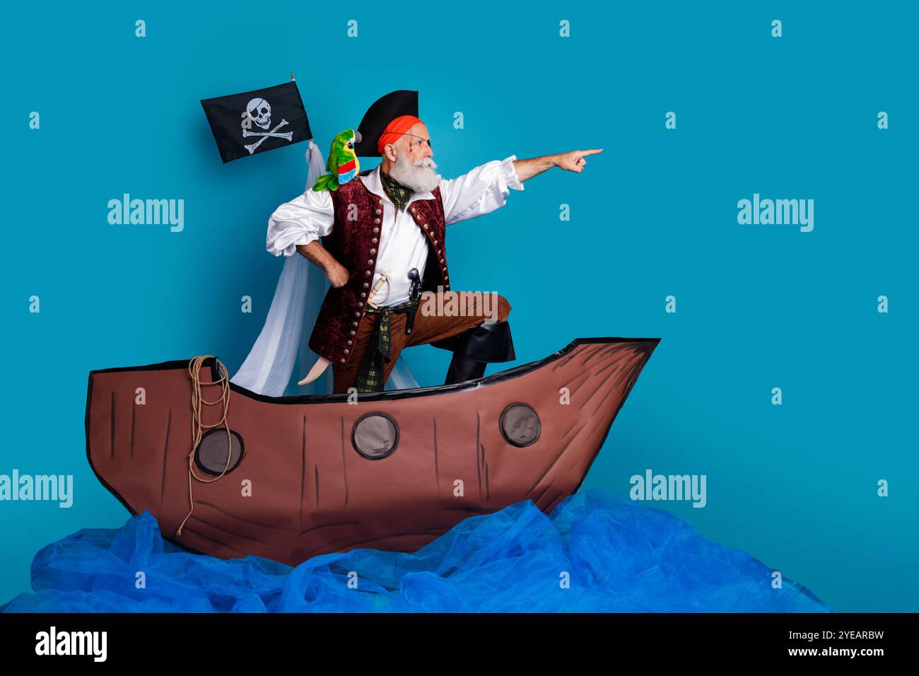 Photo of old hero angry pirate wearing traditional costume swimming ...