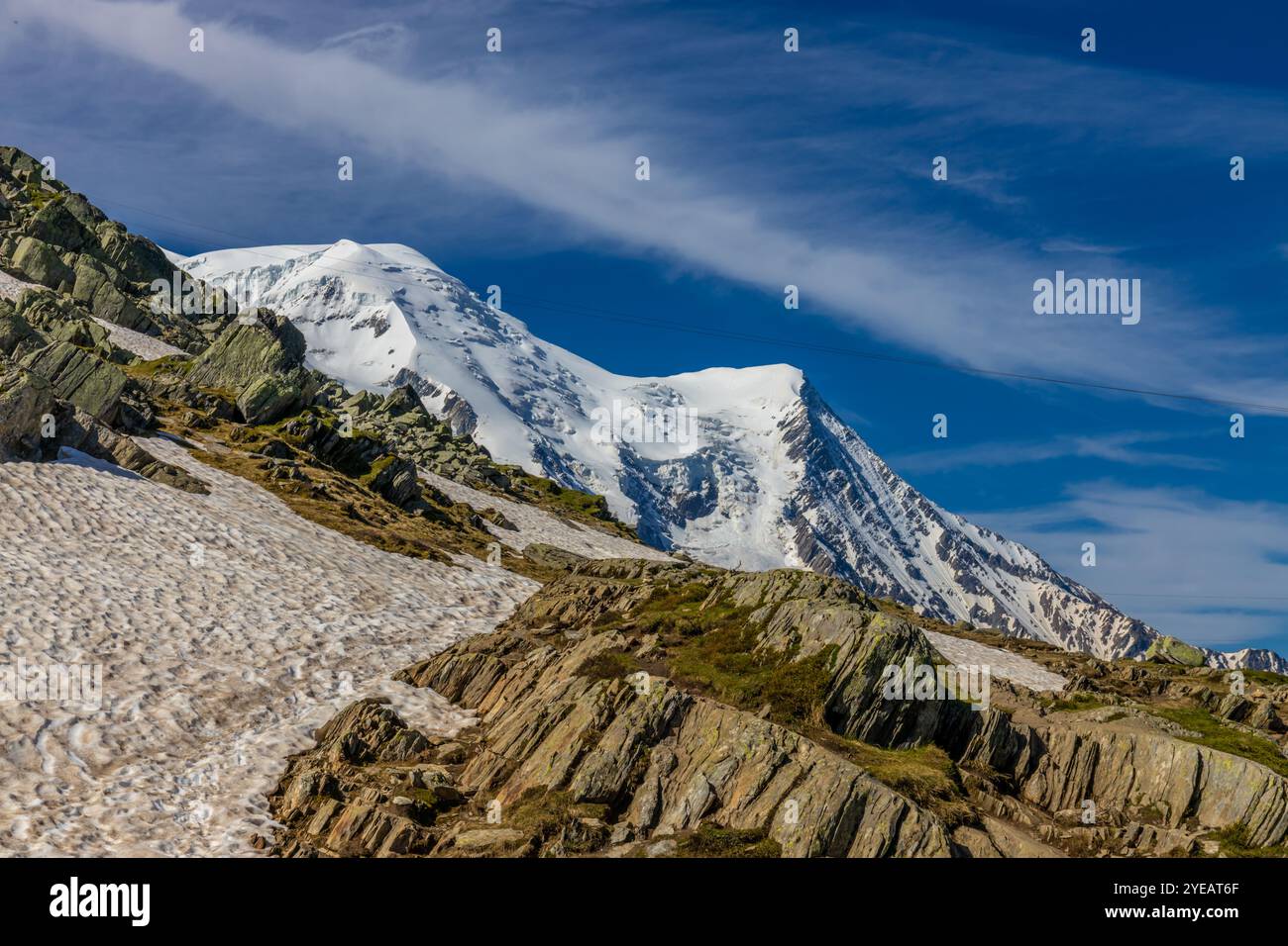 Mont Blanc, Monte Bianco mountain summit snow dome above the Chamonix ...