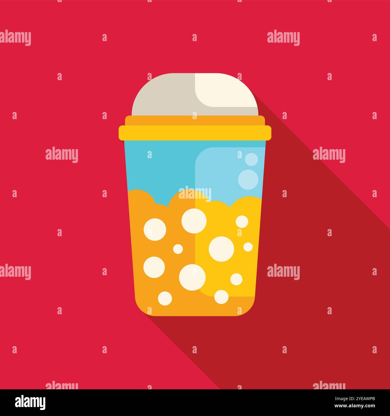 Refreshing effervescent drink in a plastic cup with foam on a vibrant ...