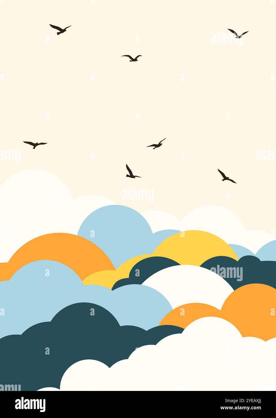Birds group in flight among colorful clouds. Swallow flock flies in the ...
