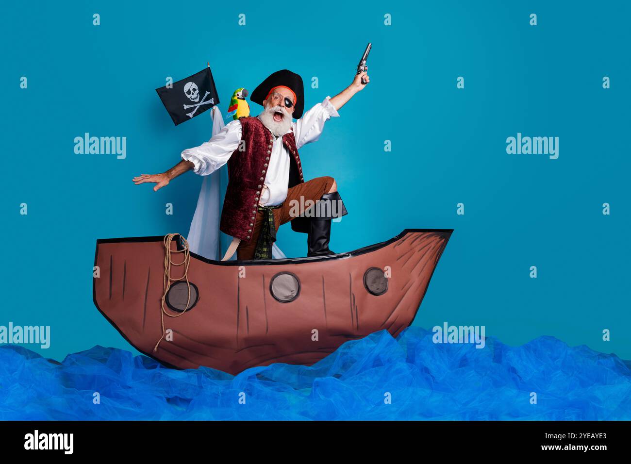 Photo of crazy angry pirate wear retro costume medieval adventure in ...