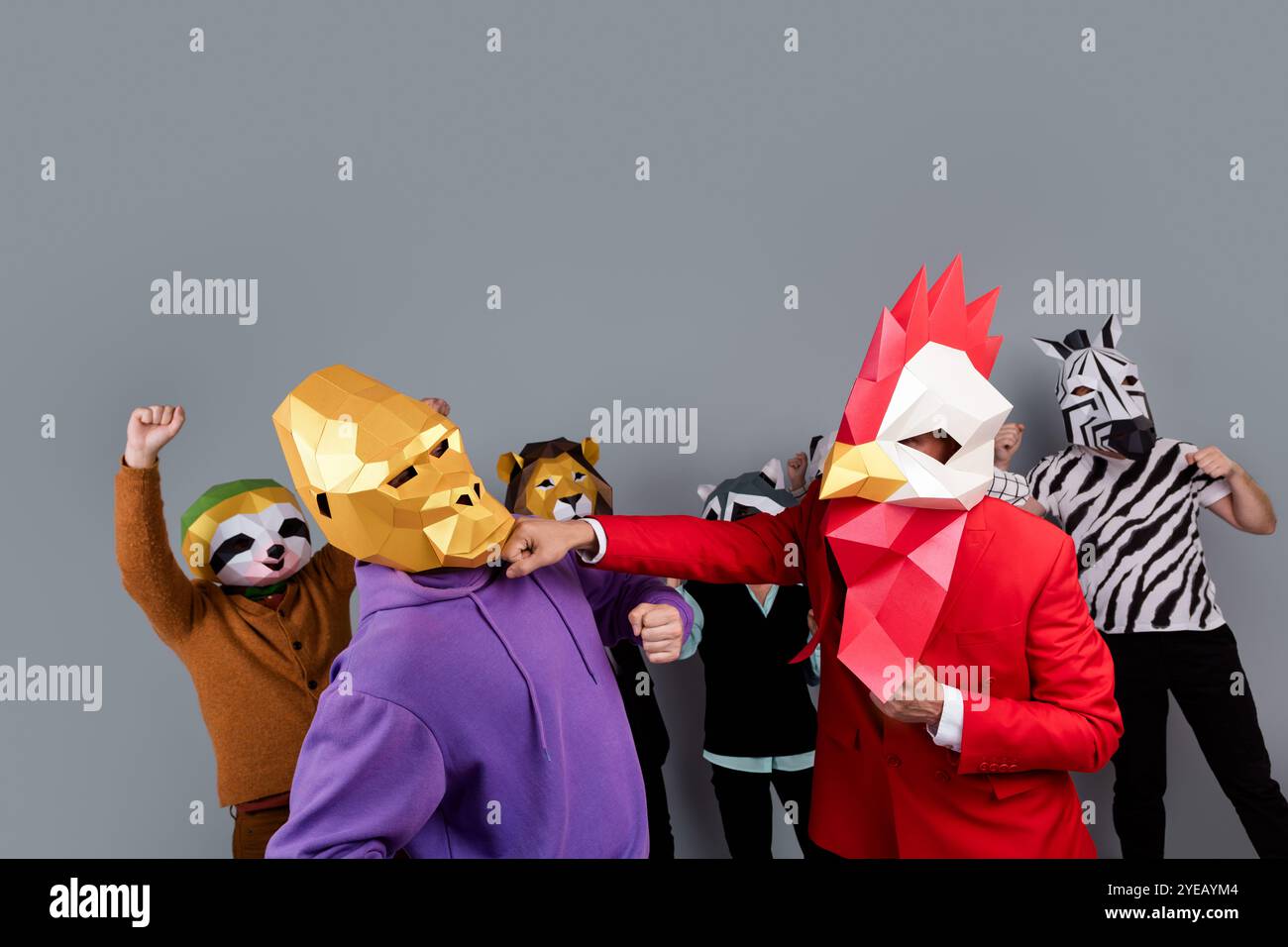 Photo of zebra raccoon lion panda sloth mask people gorilla rooster ...