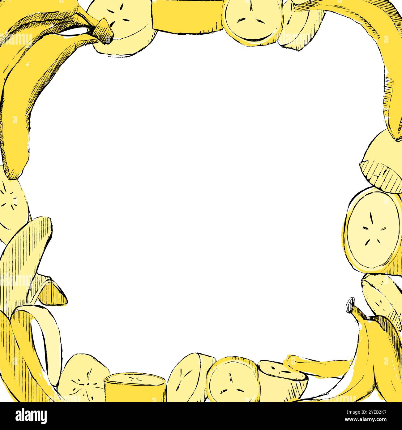 Fresh ripe yellow banana square frame. graphic hand drawn illustration ...