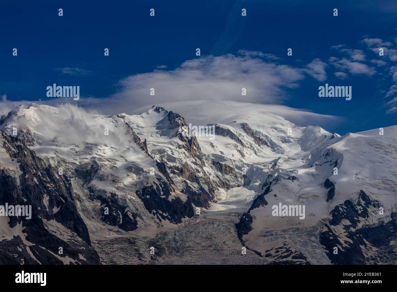 Mont Blanc, Monte Bianco mountain summit snow dome above the Chamonix ...