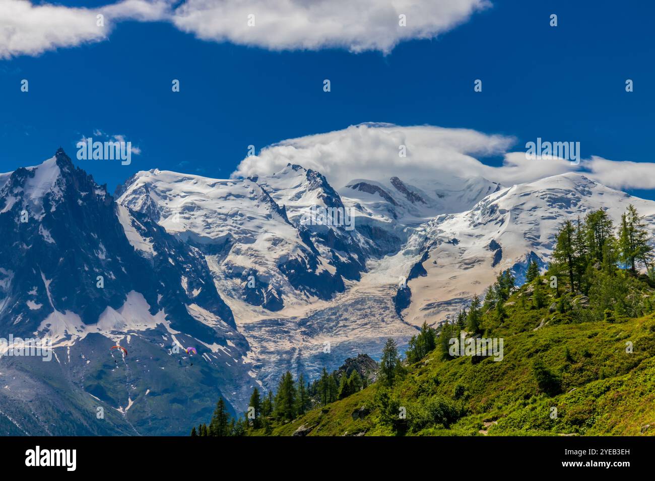 Mont Blanc, Monte Bianco mountain summit snow dome above the Chamonix ...