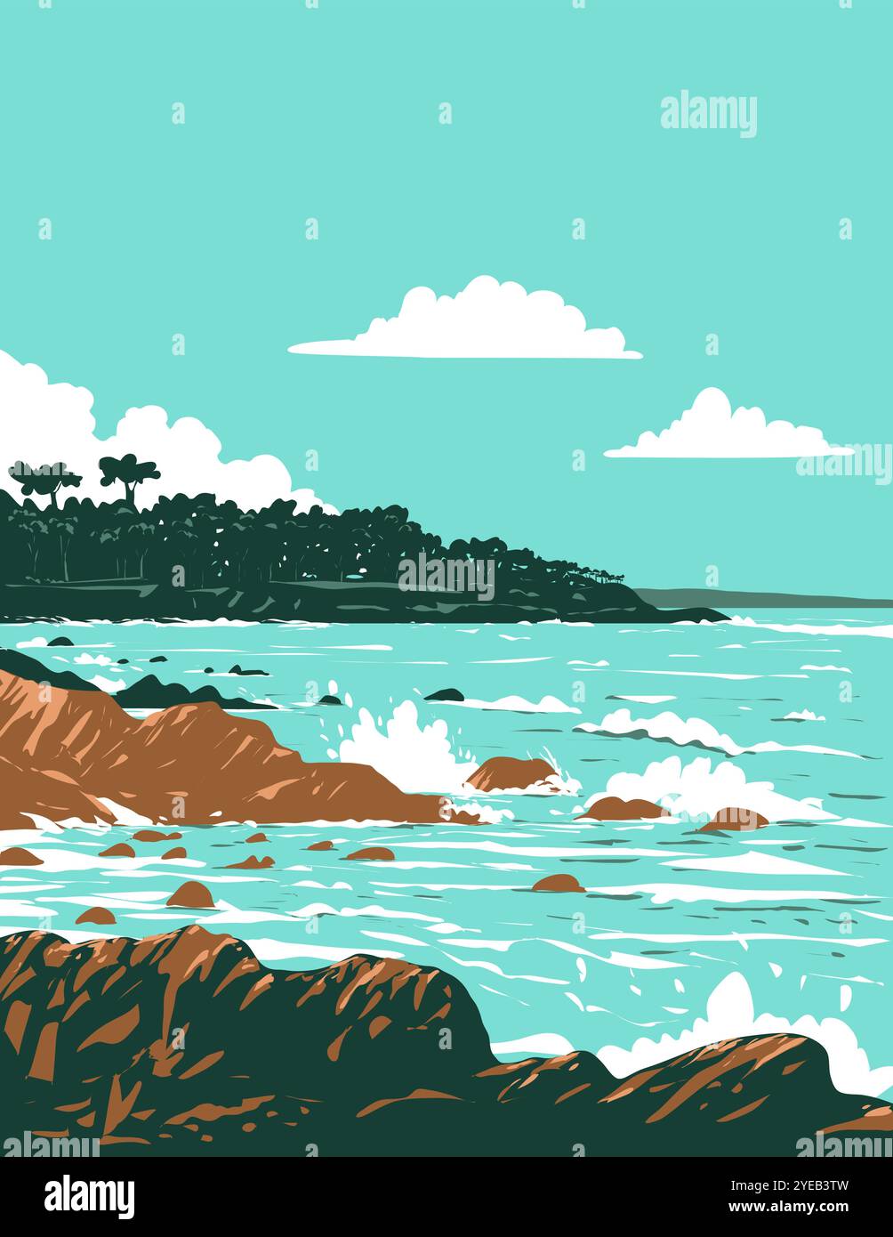 WPA poster art of Pebble Beach viewed from 17 Mile Drive on Monterey ...