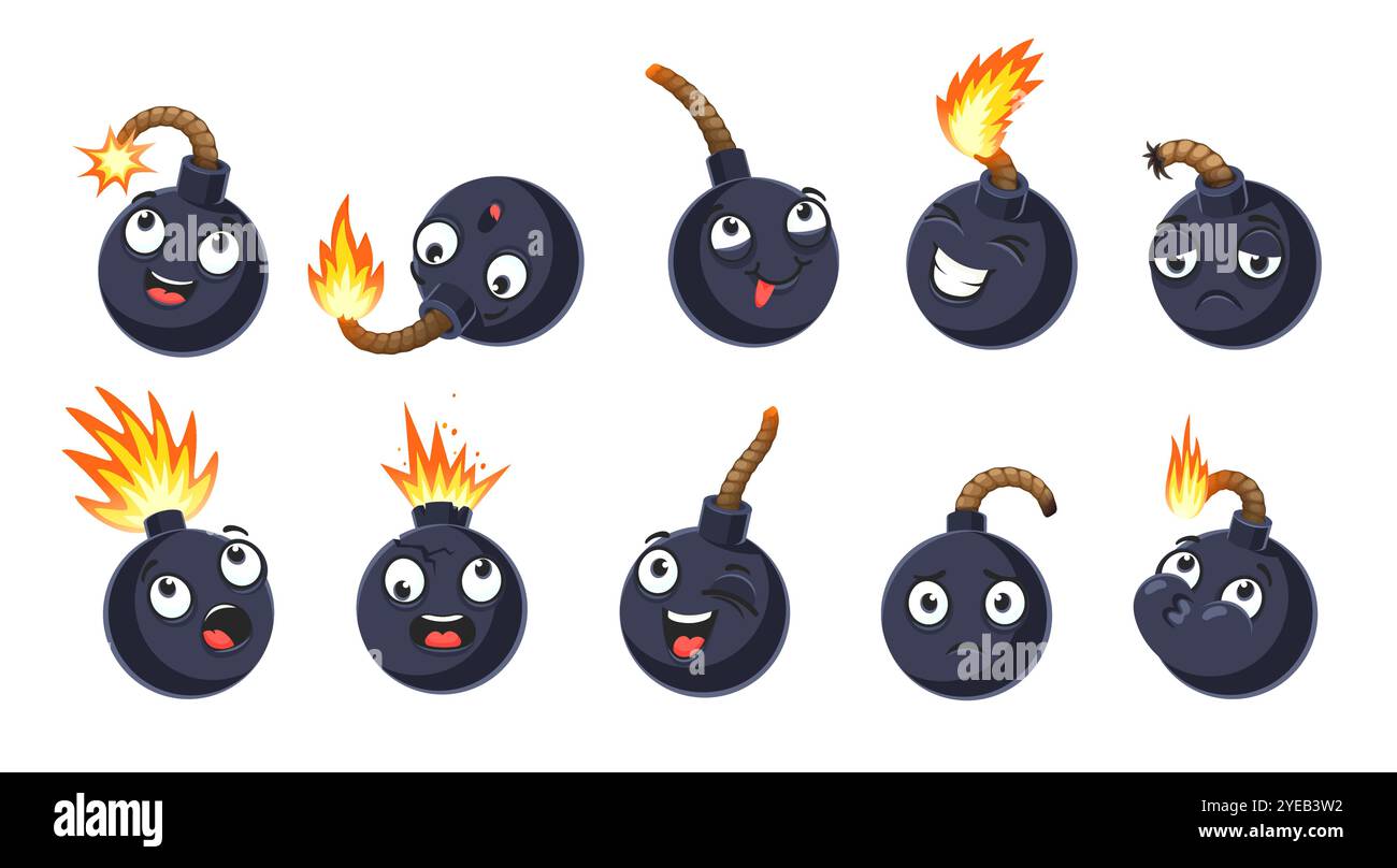 Cartoon bomb characters with wicks or fuses. Explosive, burst weapon ...