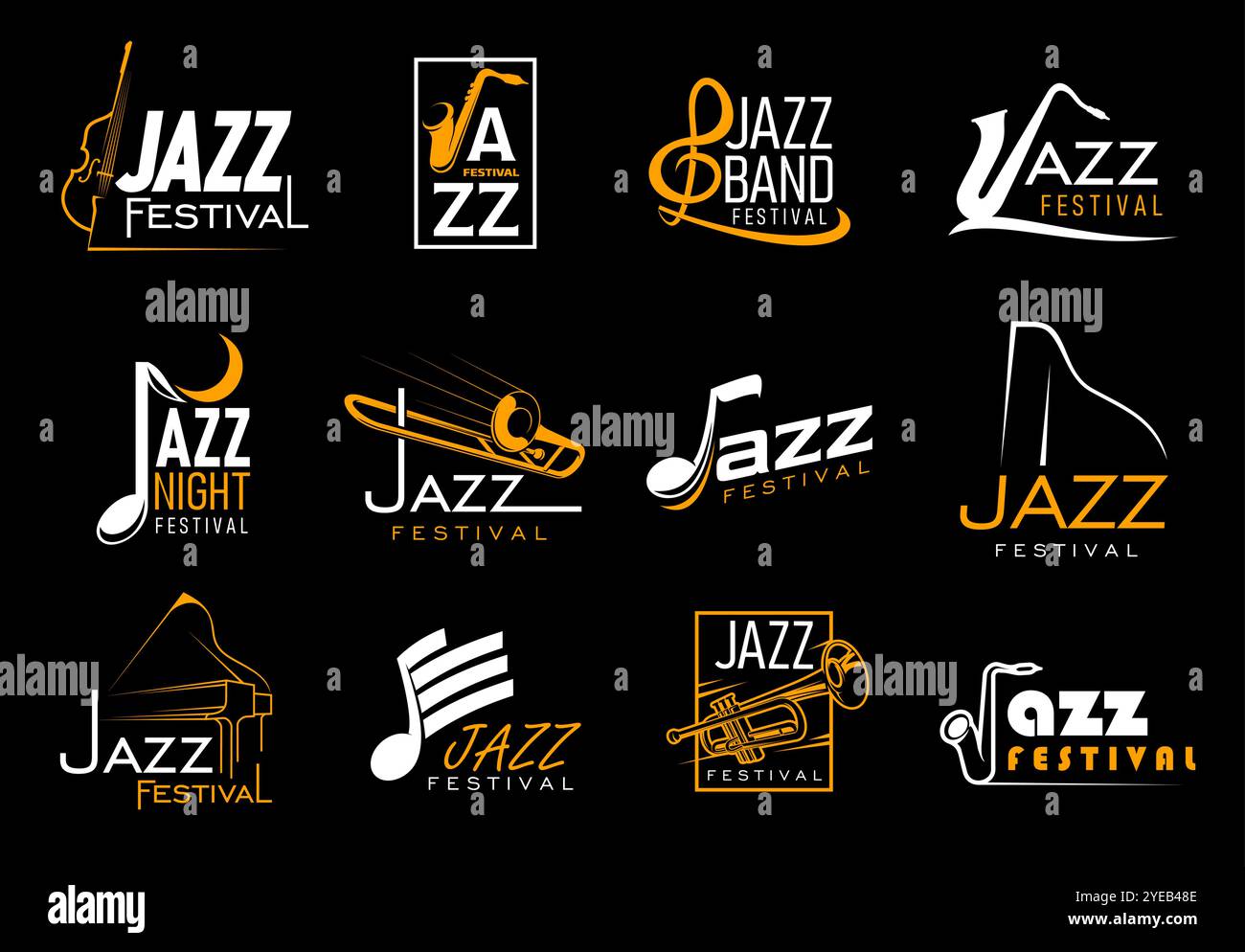 Jazz music icons with vector saxophone, trumpet, piano, trombone and ...