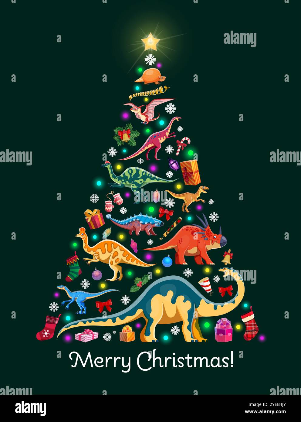 Christmas dinosaurs tree for winter holiday banner with prehistoric ...