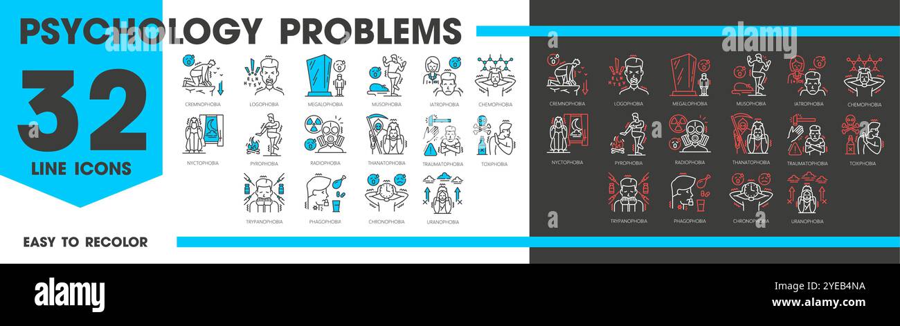 Psychology problems and human phobia icons of mental health care ...