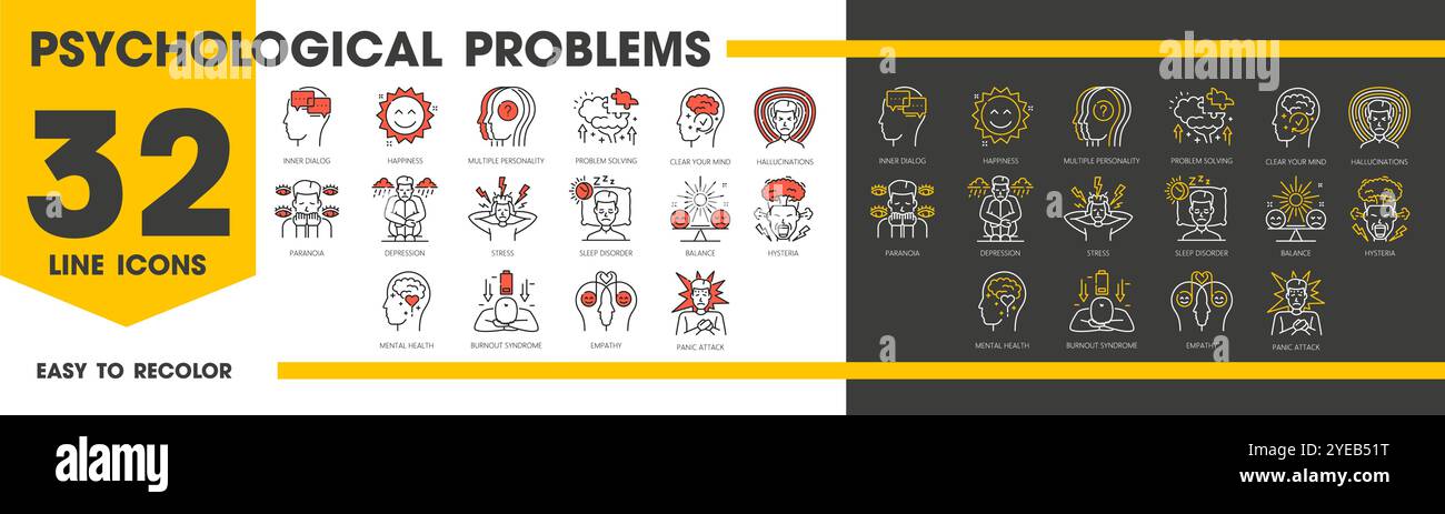 Psychological disorder problems and mental health line icons for psychology therapy, outline ...