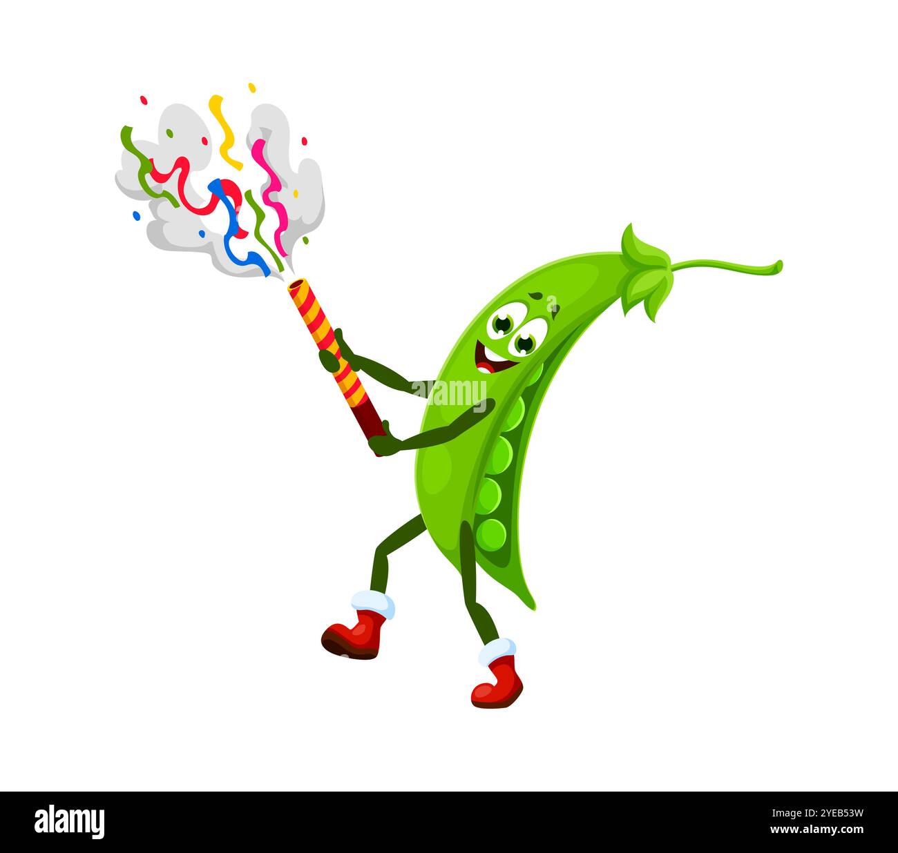 Cartoon pea character with Christmas party popper and confetti, vector ...