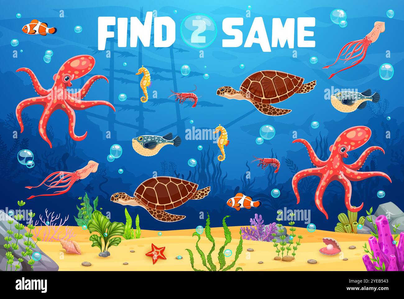 Find two same cartoon sea underwater animals. Vector worksheet riddle ...