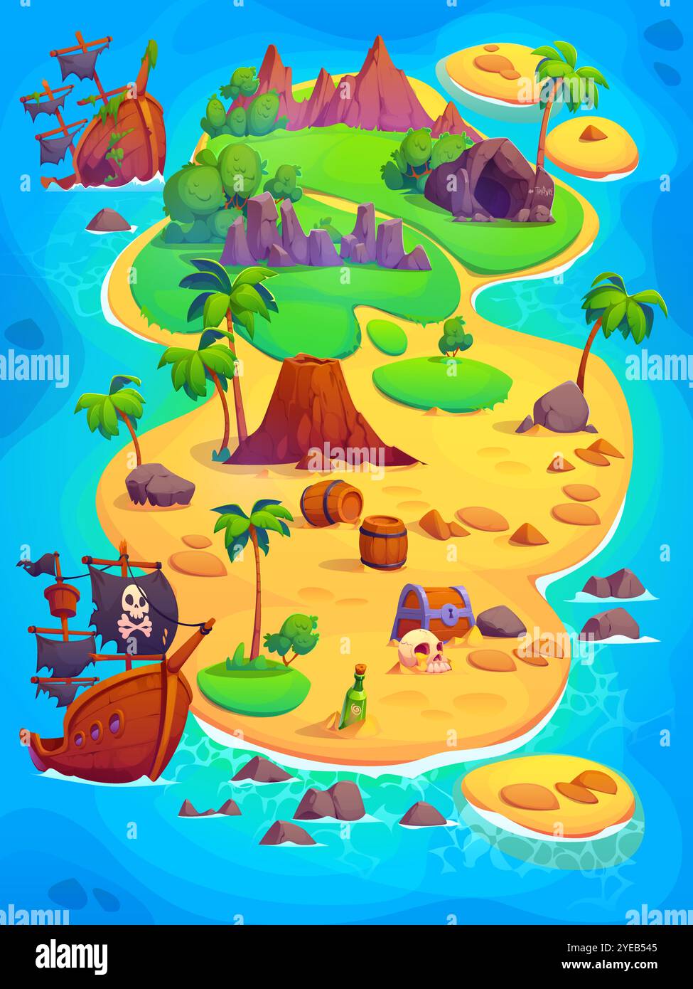Cartoon pirate treasures island map for kids arcade game, vector ...