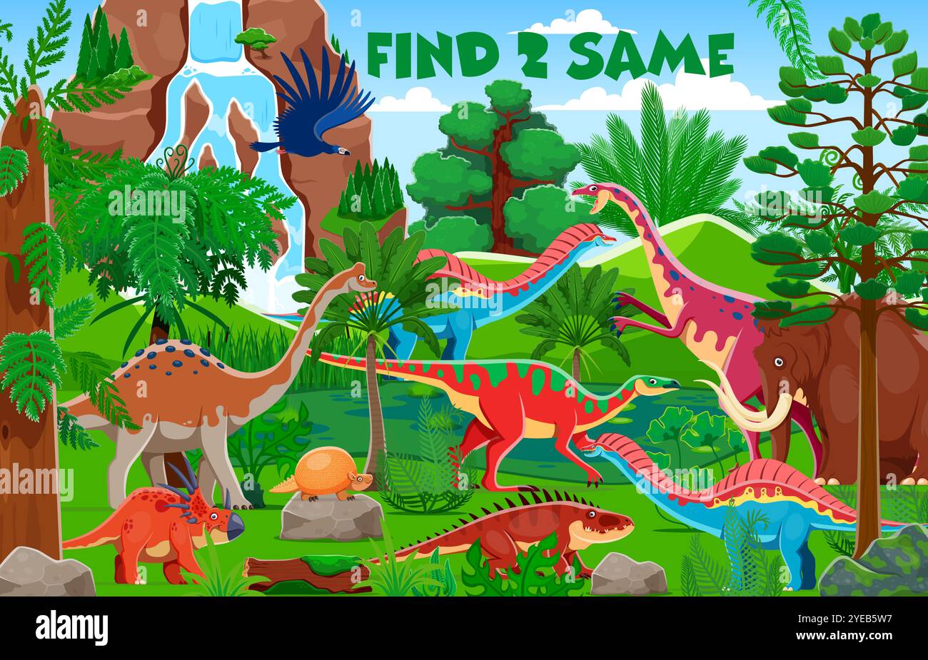 Find two same prehistoric dinosaurs, kids game worksheet. Vector riddle ...