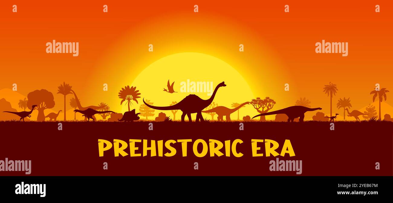 Dinosaur silhouettes on prehistoric sunset landscape of Jurassic era ...