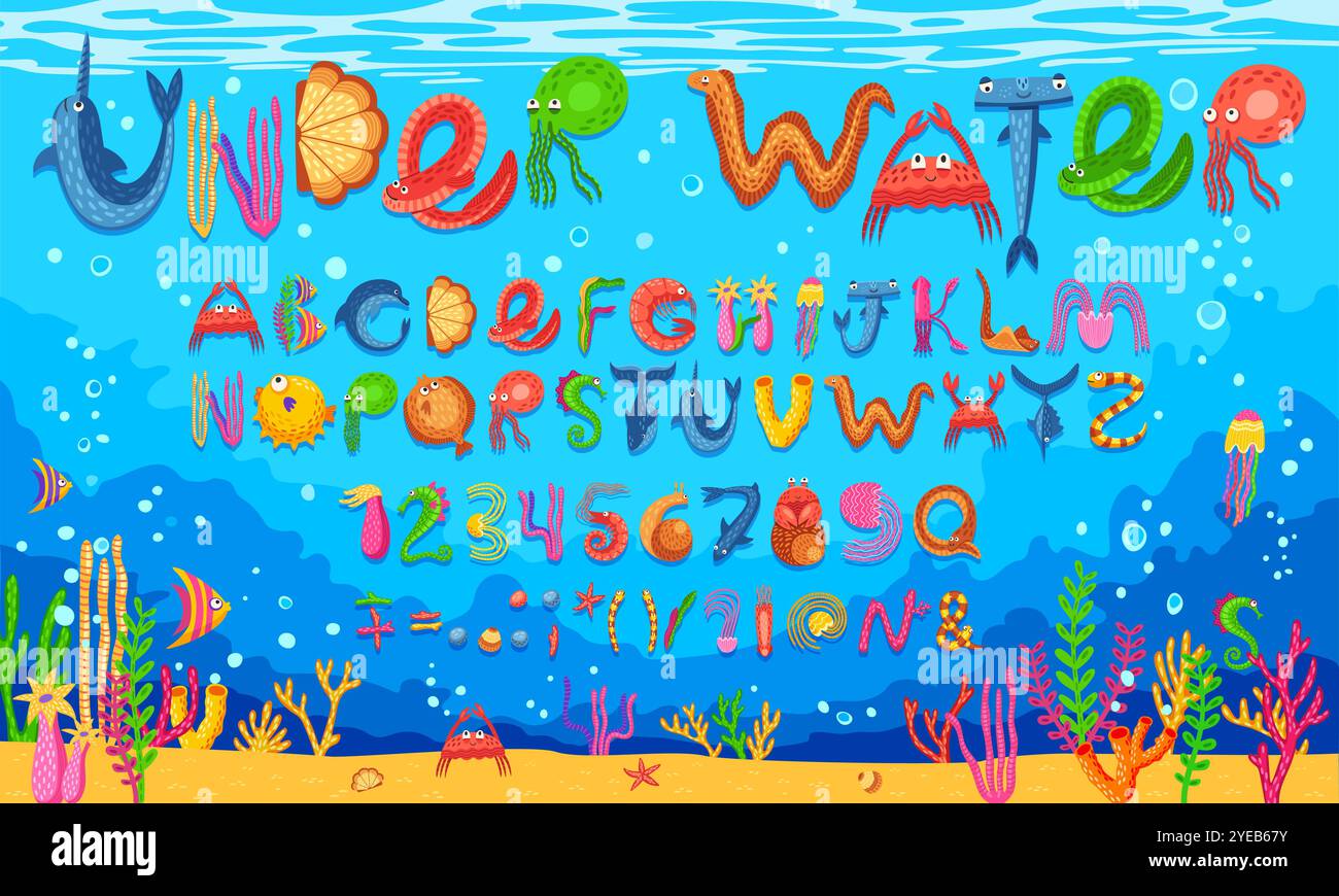 Cartoon sea animal font, marine alphabet, ocean underwater type ...