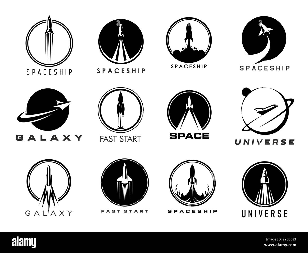 Spaceship and space rocket icons. Shuttle spaceship launch and rocket ...