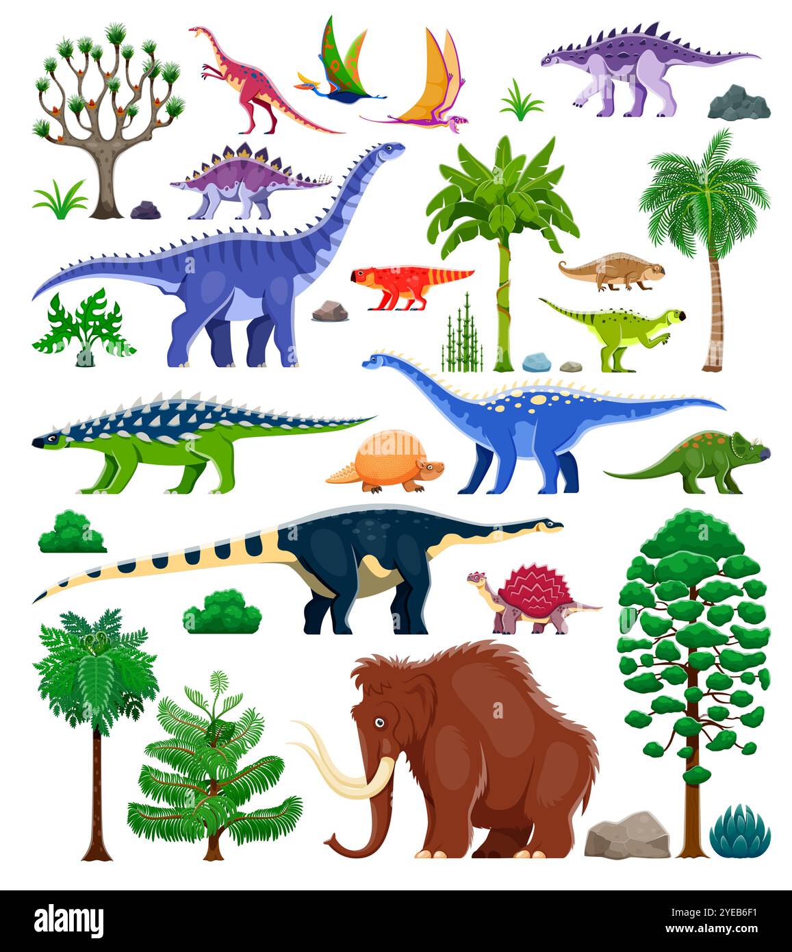 Cartoon prehistoric dinosaur animals and plants. Vector set of ancient ...