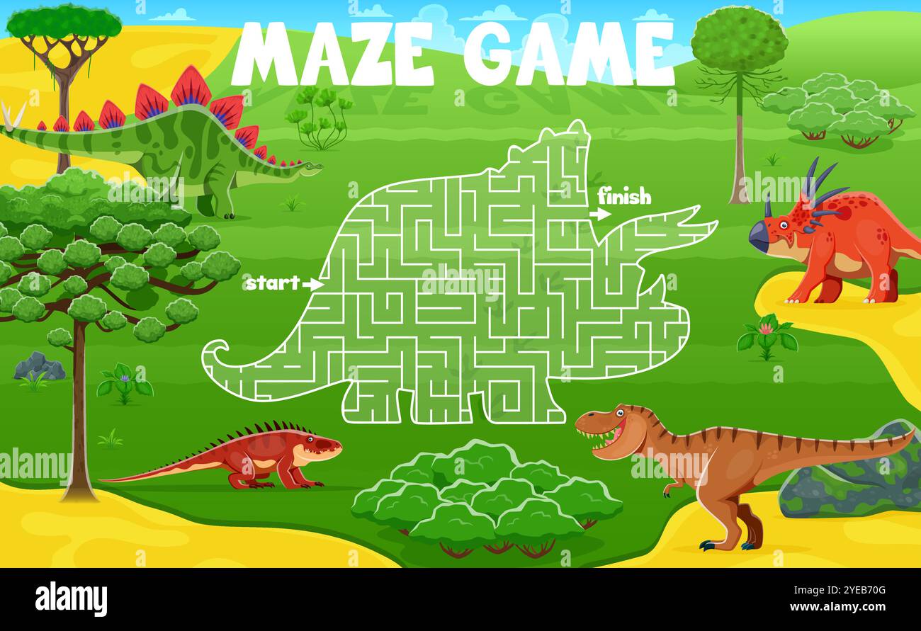 Kids labyrinth maze game, help to dino find his friend. Vector workout for children with cartoon ...