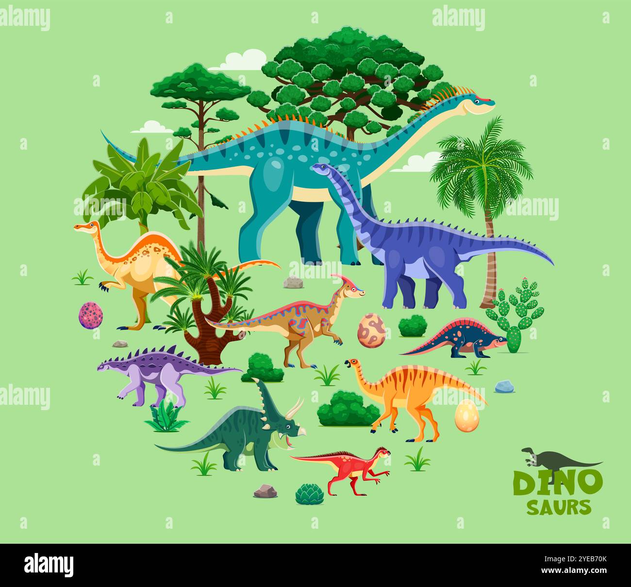 Cartoon prehistoric dinosaurs species in a round shape with lush ...