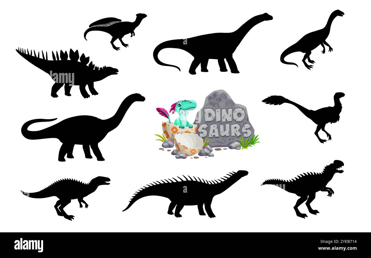 Dinosaur silhouettes with cartoon baby dino in egg shell. Vector ...