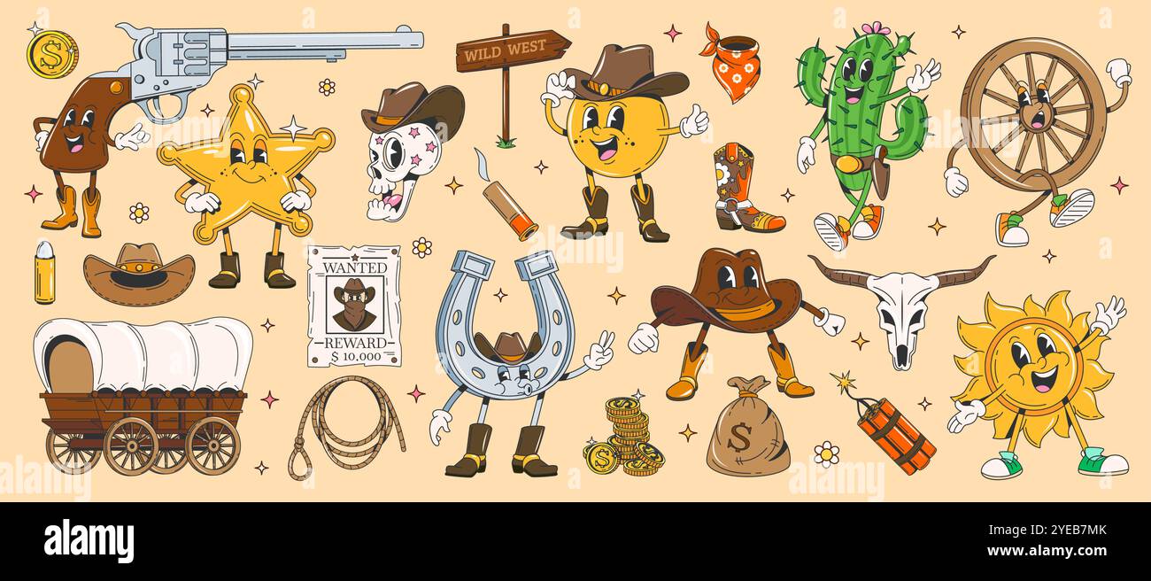 Cartoon retro 70s 80s groovy Wild West Western characters. Hippie ...