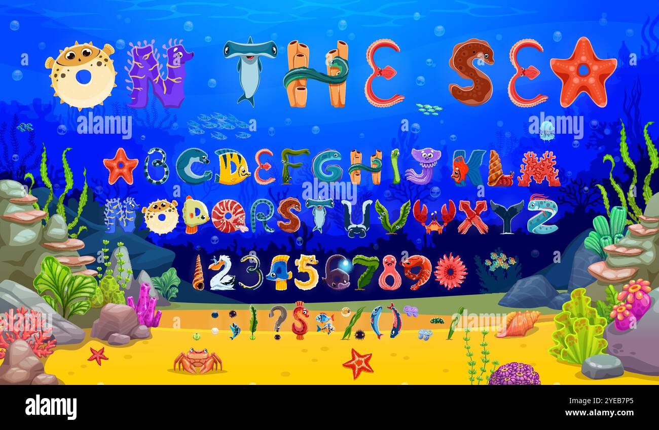 Sea animal alphabet, ocean underwater font type on cartoon marine ...