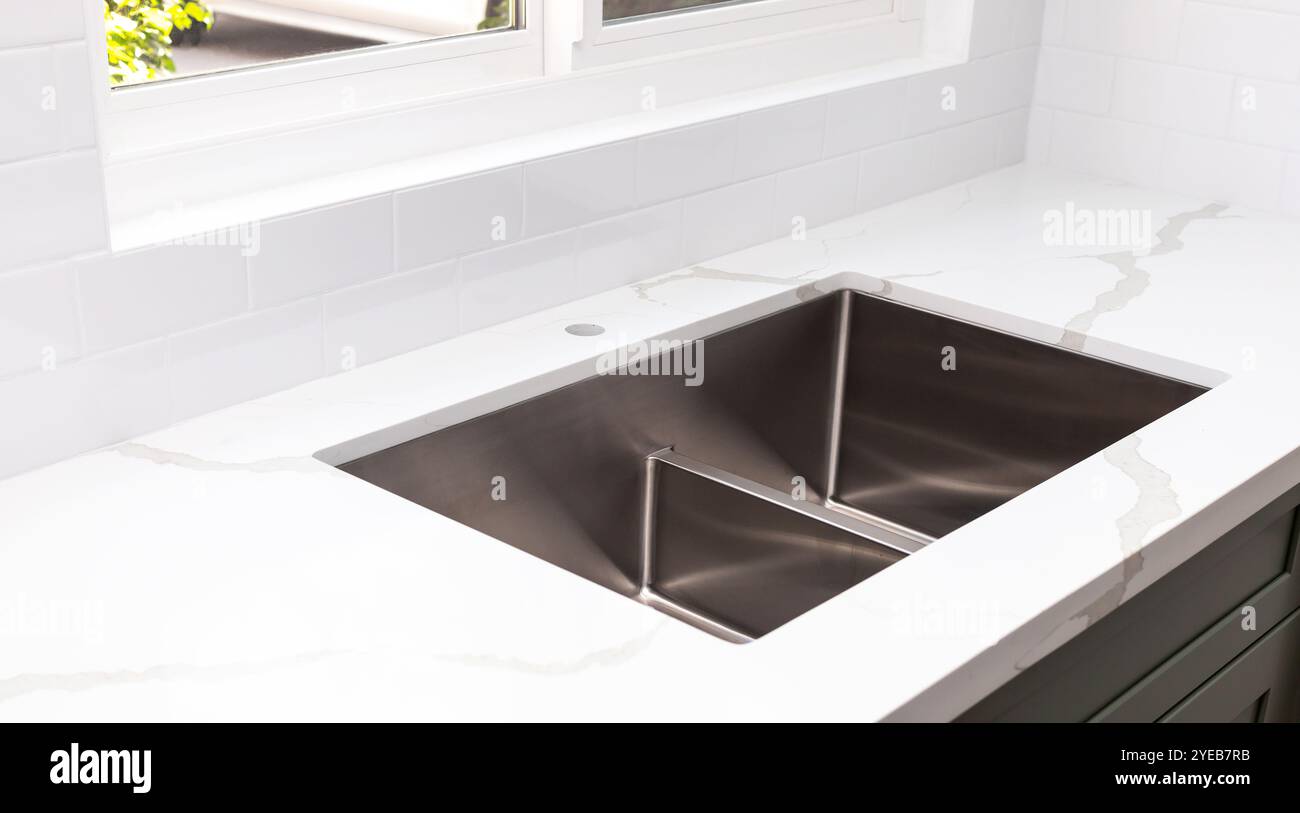 Custom Quartz Countertop, Sink Installation at the Kitchen, No Faucet ...