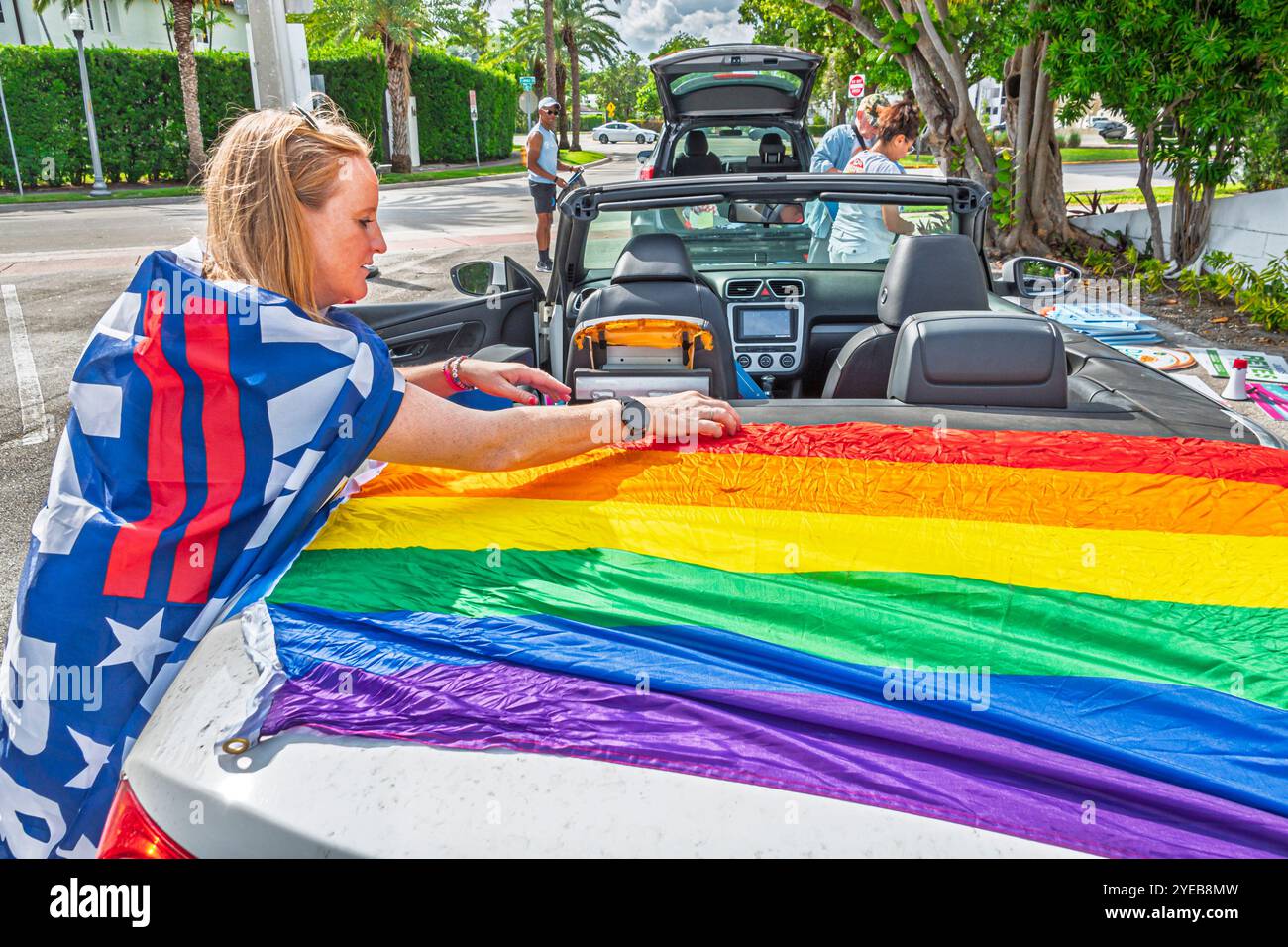 Miami Beach Florida,Democratic Club members,preparing vehicles cars ...
