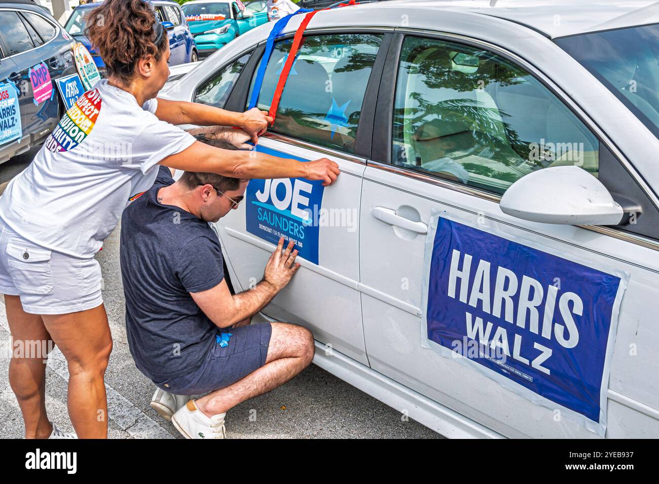 Miami Beach Florida,Democratic Club members,preparing vehicles cars ...
