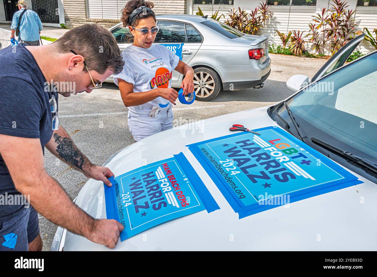 Miami Beach Florida,Democratic Club members,preparing vehicles cars ...