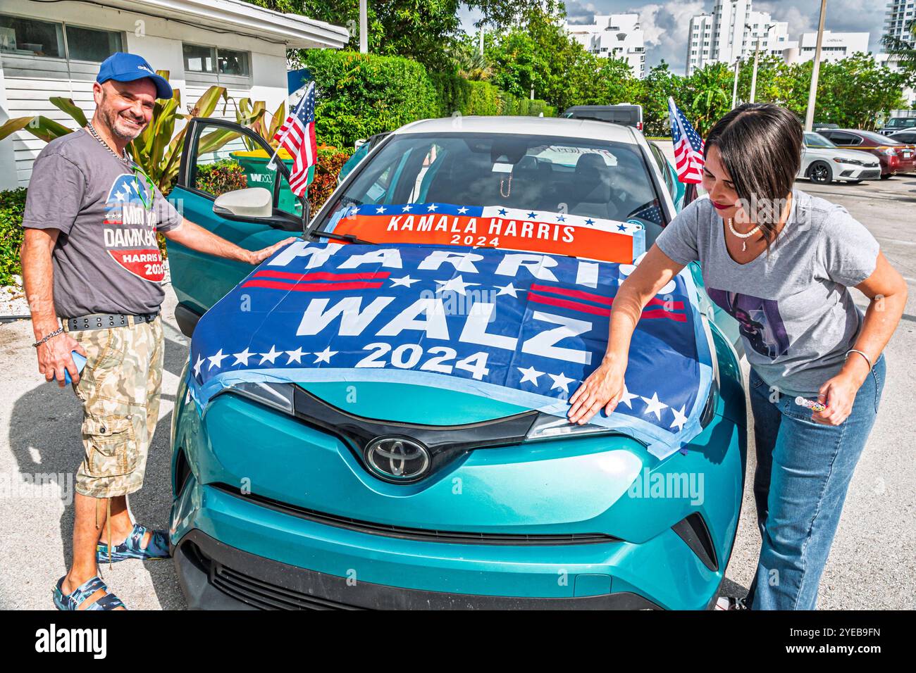 Miami Beach Florida,Democratic Club members,preparing vehicles cars ...