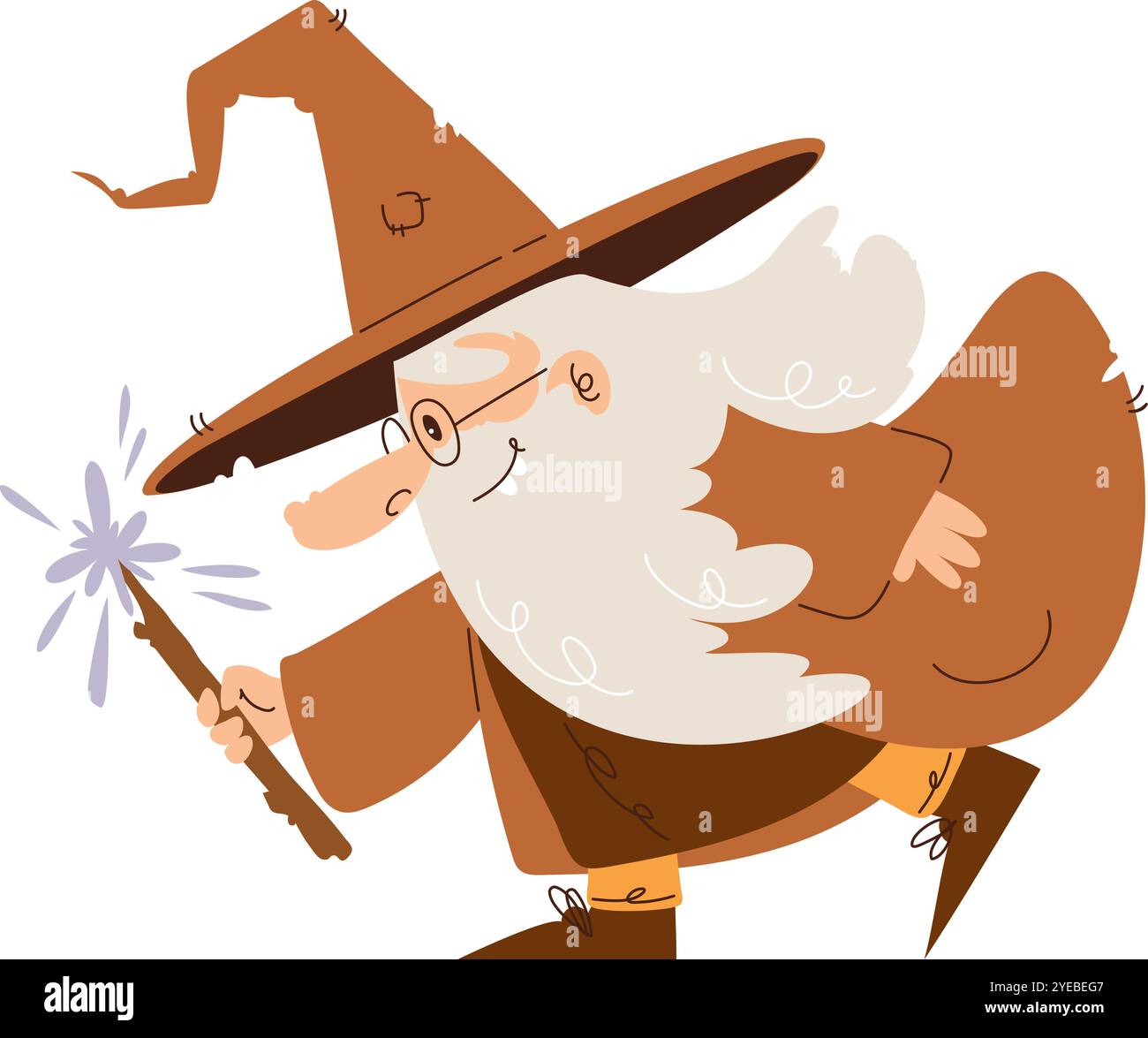 Playful cartoon of a bearded wizard in a pointed hat casting a spell ...