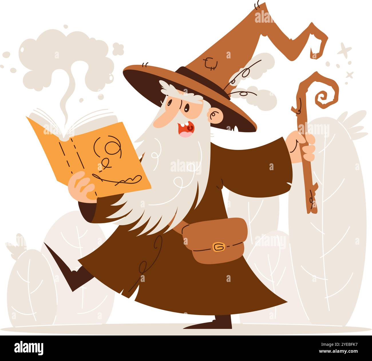 Whimsical cartoon of a wizard with a tall hat, holding a magic ...