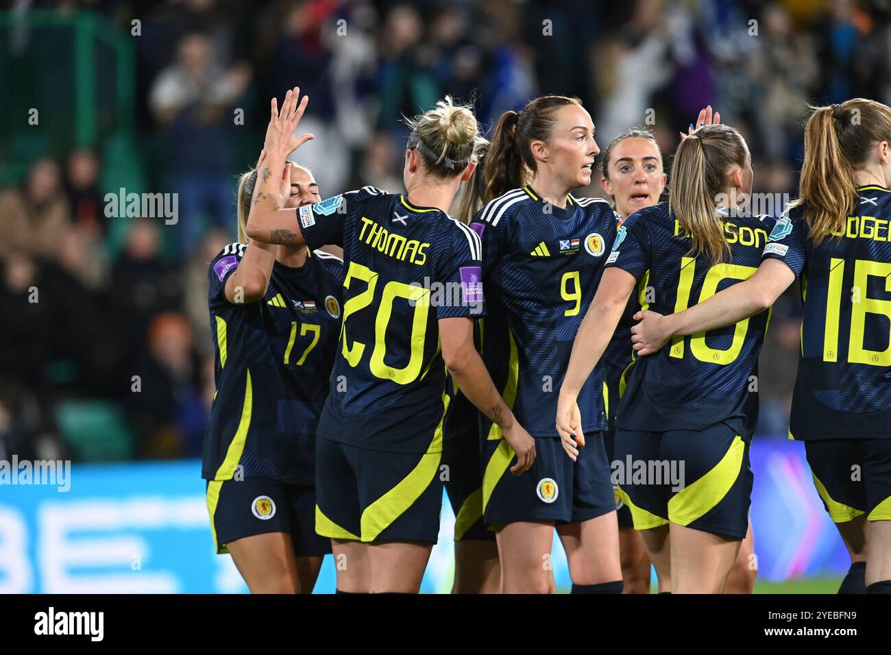 Scotlands caroline weir 9 mobbed after her goal hi-res stock ...