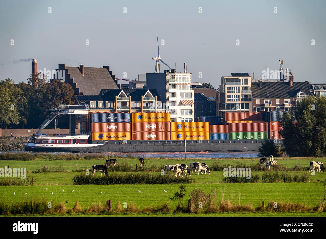 Skyline of Emmerich, on the Lower Rhine, pastures on the left bank of ...